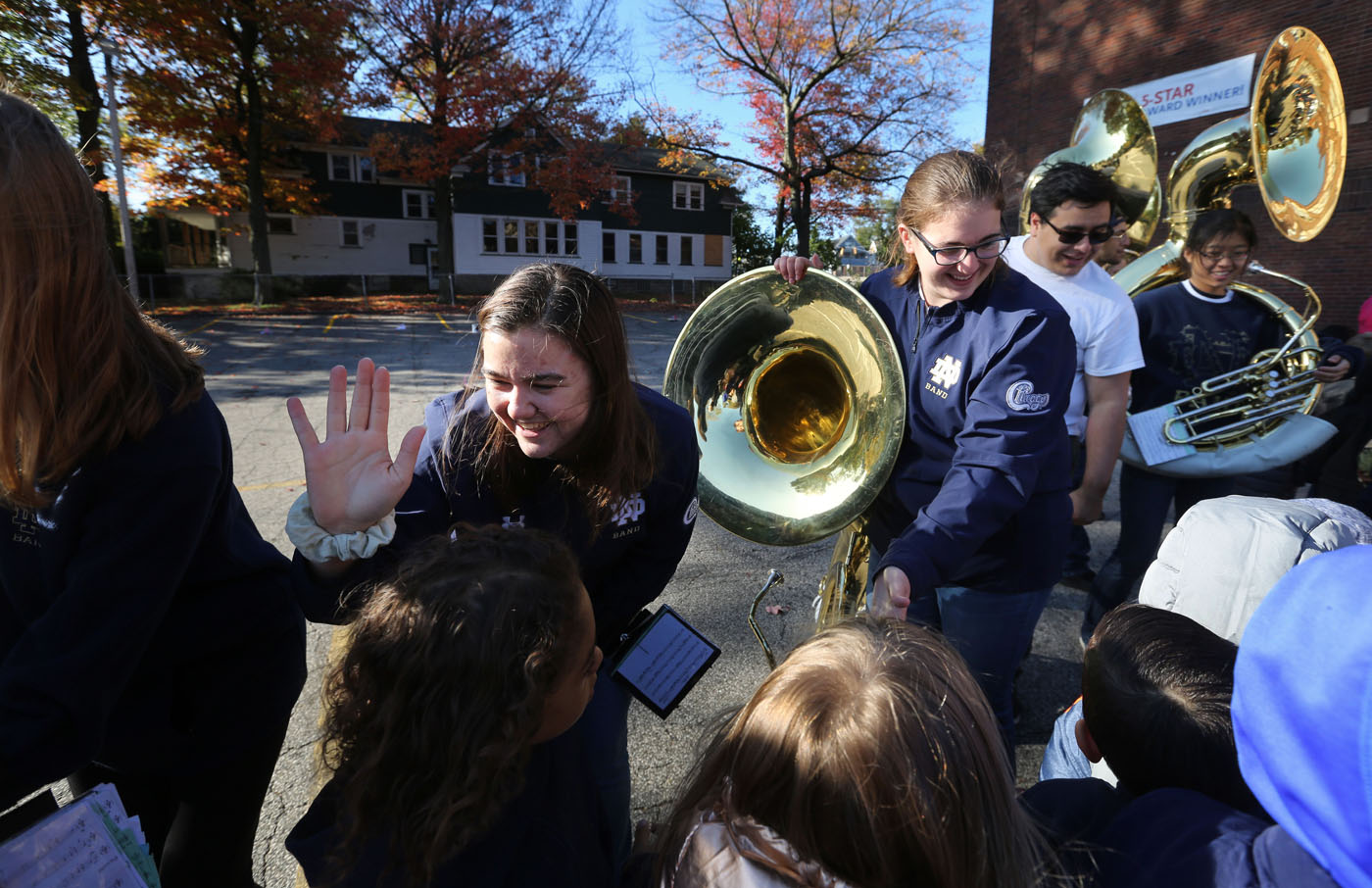 Notre Dame marching band performs for students at Metro Catholic School ...
