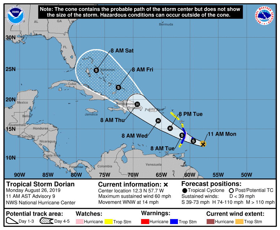 Tropical Storm Dorian 2019 path update: Dorian gains strength as ...