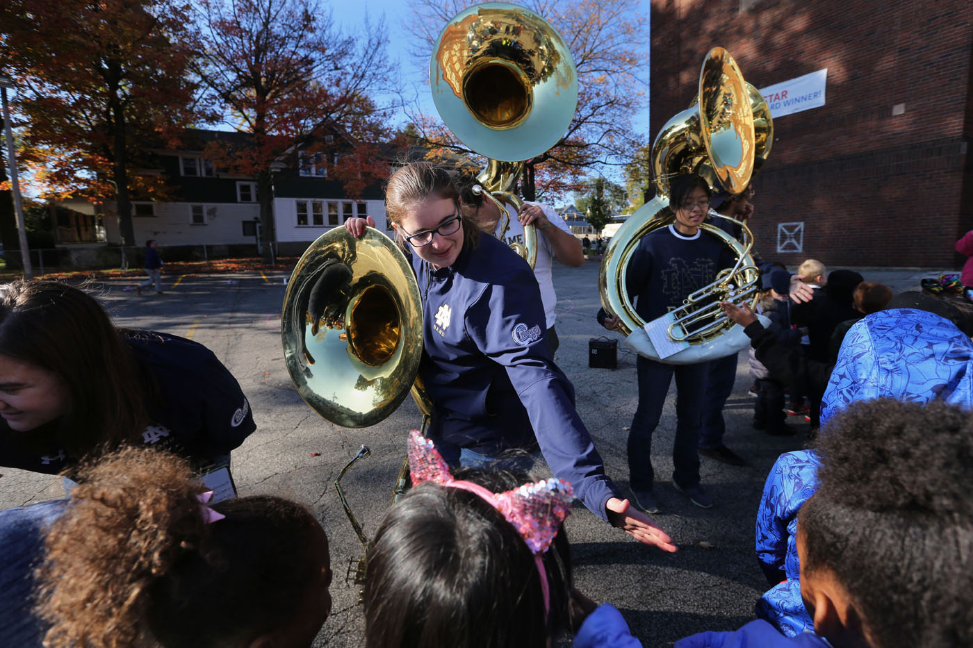 Notre Dame marching band performs for students at Metro Catholic School ...